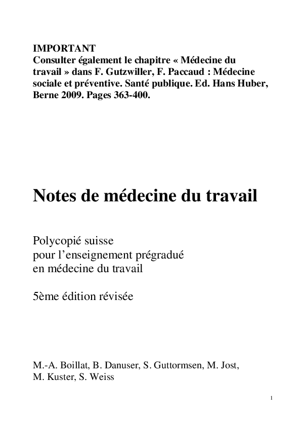 Notes de médecine du travail: polycopié suisse pour l’enseignement