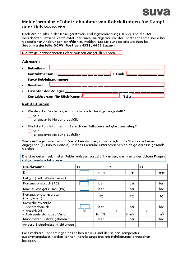 Meldeformular: Inbetriebnahme von Rohrleitungen (Dampf/Heisswasser)